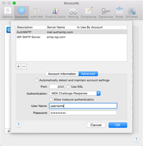 El Capitan Mac Mail SMTP Server Setup Alternative Port