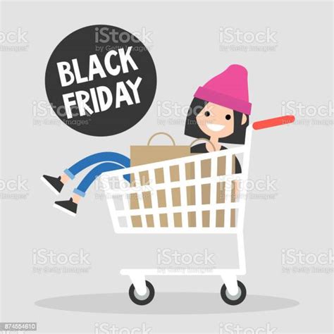 검은 금요일 연간 판매 이벤트입니다 검은 금요일 판매 중 재미 젊은 백인 여자 장바구니에 앉아 큰가 판매입니다 라이프 스타일