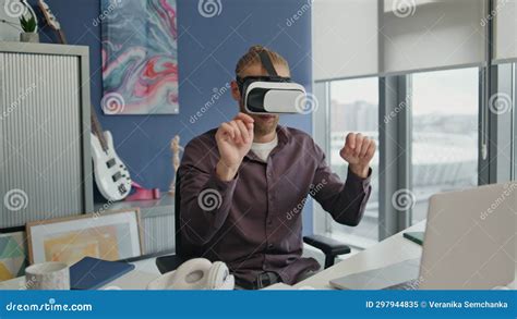 Vr Programmer Touching Air Panel At Workplace Closeup Man Swiping Interface Stock Illustration