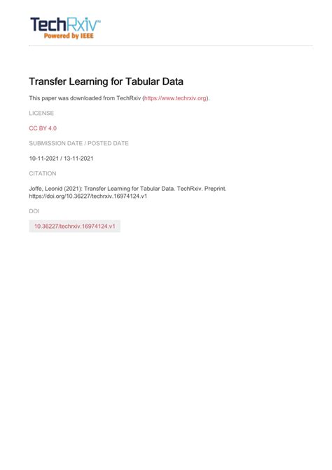 Pdf Transfer Learning For Tabular Data