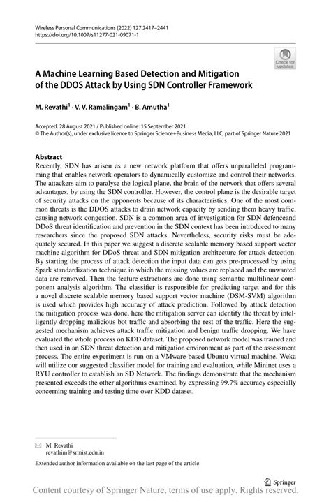 A Machine Learning Based Detection And Mitigation Of The Ddos Attack By Using Sdn Controller