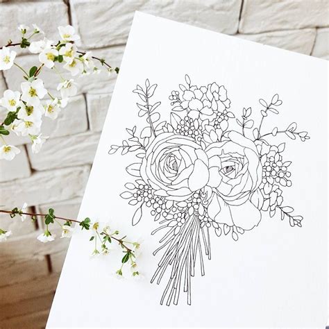 컬러링 엽서에 들어갈 라넌큘러스 부케 이랑그림 Table Flowers Sketches Flowers