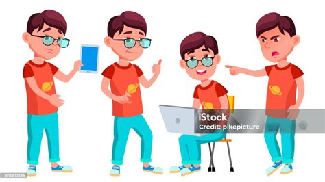 소년 소년 아이 포즈 설정된 벡터 초등 학교 아이입니다 행복 한 유년 시절입니다 Abc입니다 친구 단계입니다 대 한 웹 포스터
