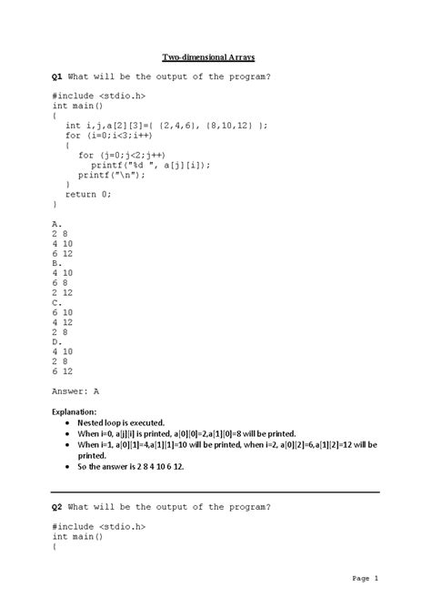 6 Two Dimensional Arrays Mcq Answers Two Dimensional Arrays Q1 What Will Be The Output Of