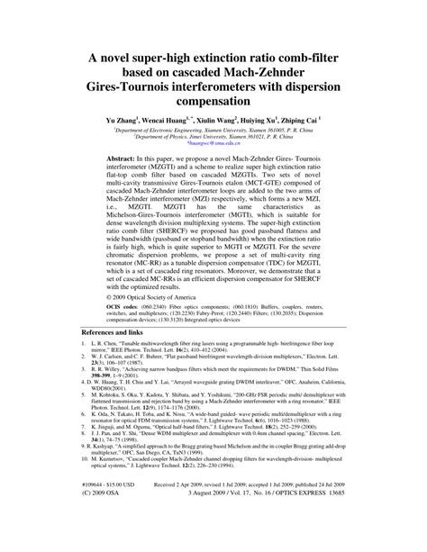 Pdf A Novel Super High Extinction Ratio Comb Filter Based On Cascaded Mach Zehnder Gires