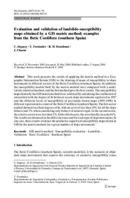 Pdf Evaluation And Validation Of Landslide Susceptibility Maps Obtained By A Gis Matrix Method