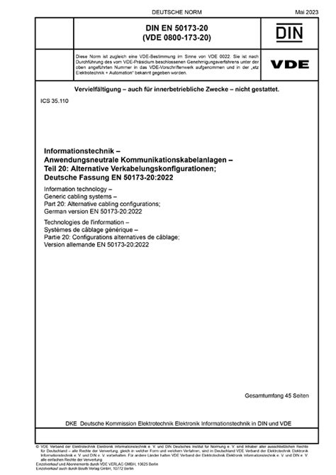 Din En 50173 20 Vde 0800 173 20 2023 05 Standards Vde Publishing House