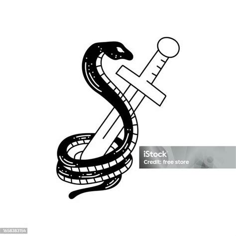 Ular Dan Belati Ular Membungkus Tato Vintage Vektor Pedang Dewa Romawi Merkurius Keberuntungan