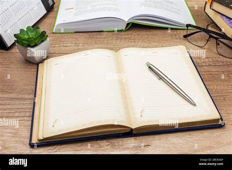Open Notebook With Pen For Your Text On Background Open Book Sukulent