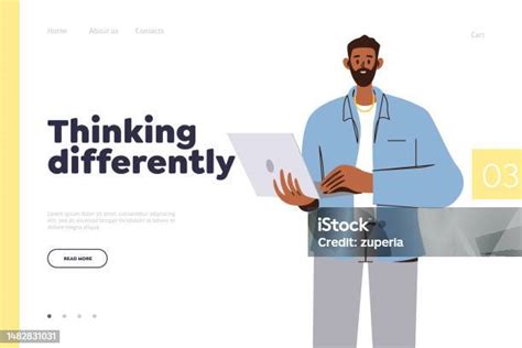 혁신적인 정보를 제공하는 온라인 서비스를 위한 랜딩 페이지 디자인 템플릿으로 다르게 생각하기 개성 개념에 대한 스톡 벡터 아트