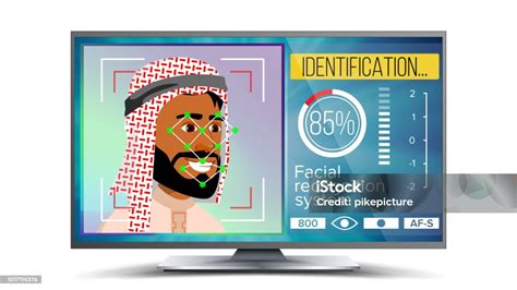 얼굴 인식 식별 시스템 벡터입니다 얼굴 인식 기술입니다 화면에 아랍 얼굴입니다 다각형 및 포인트 인간의 얼굴입니다 검색 보안 그림 3차원 형태에 대한 스톡 벡터 아트 및