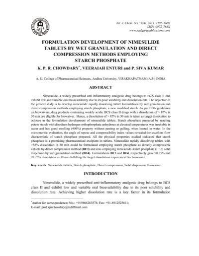 Formulation Development Of Nimesulide Tablets By Wet Granulation