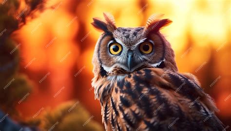 Premium Ai Image Great Horned Owl Perched On Branch Staring Into