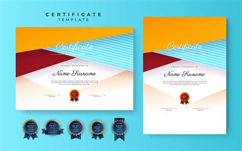 고급 배지와 현대적인 라인 패턴이있는 업적 테두리 템플릿의 현대 블루 오렌지 레드 인증서 수상 비즈니스 및 교육 요구 사항 0명에 대한 스톡 벡터 아트 및 기타 이미지