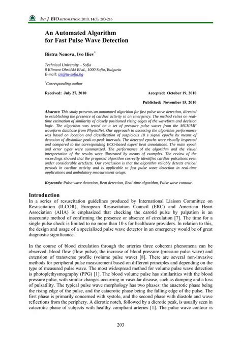 Pdf An Automated Algorithm For Fast Pulse Wave Detectionclbmebasbgbioautomation2010vol14