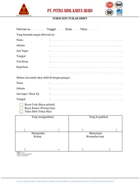 Form Izin Tukar Shift Pdf