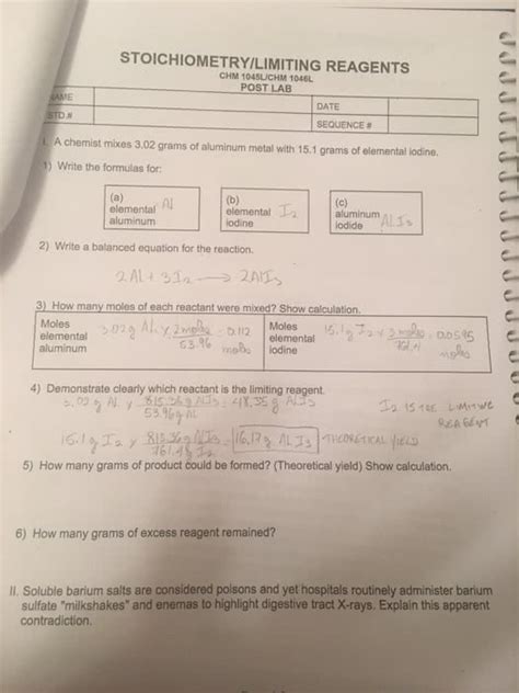 OneClass STOICHIOMETRY LIMITING REAGENTS CHM LICHM L POST LAB DATE SEQUENCE A Chemist