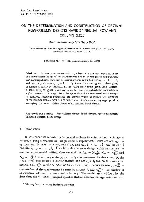 Pdf On The Determination And Construction Of Optimal Row Column Designs Having Unequal Row And