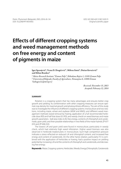 Pdf Effects Of Different Cropping Systems And Weed Management Methods On Free Energy And