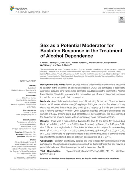 Pdf Sex As A Potential Moderator For Baclofen Response In The