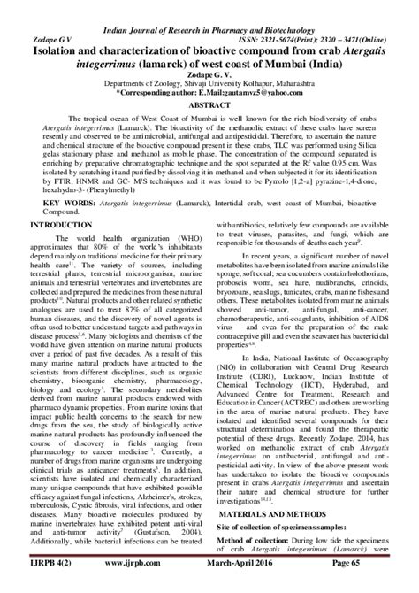 Pdf Isolation And Characterization Of Bioactive Compound From Crab Atergatis Integerrimus