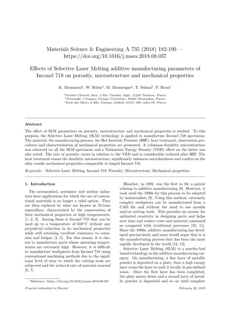 Pdf Effects Of Selective Laser Melting Additive Manufacturing Parameters Of Inconel 718 On