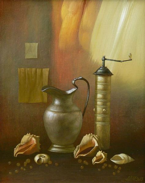 Живопись серебряного кувшина и морских ракушек