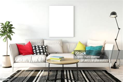 거실 인테리어에 포스터를 비웃는 다 인테리어 스 칸디 나 비아 스타일입니다 3d 렌더링 3d 그림 0명에 대한 스톡 사진 및 기타 이미지 Istock