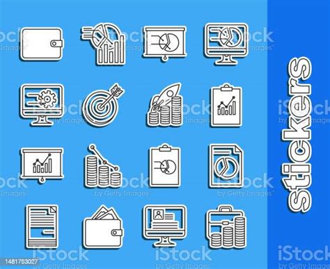 Set Line Briefcase And Coin Document With Graph Chart Clipboard Board Target Computer Monitor