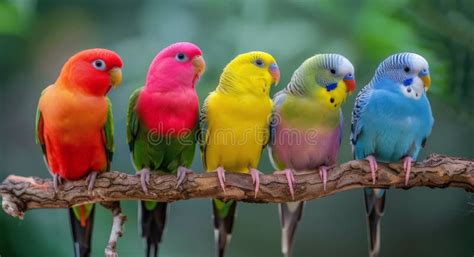Colorful Budgies Perched On Branch Stock Image Image Of Exotic