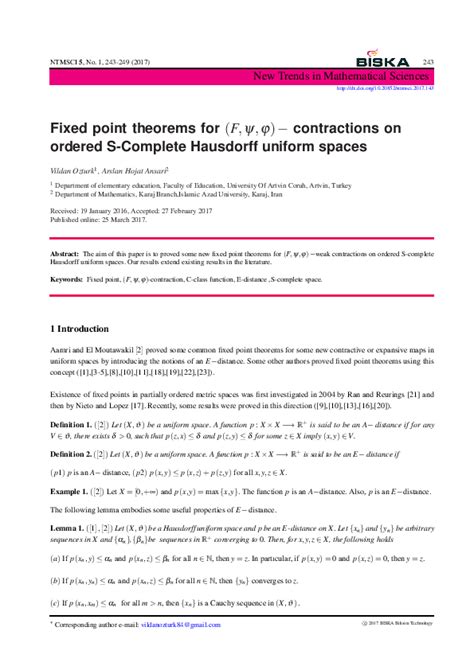 Pdf Fixed Point Theorems For F ψ ϕ − Contractions On Ordered S Complete Hausdorff Uniform