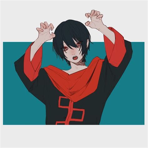 Safebooru 1boy Aqua Background Arms Up Bags Under Eyes Black Hair