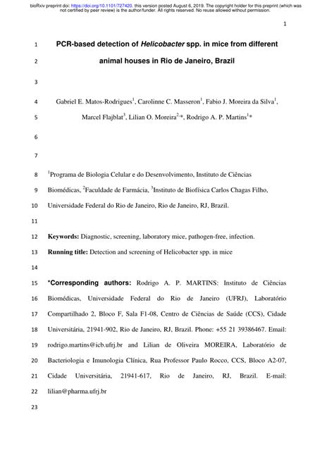 Pdf Pcr Based Detection Of Helicobacter Spp In Mice From Different