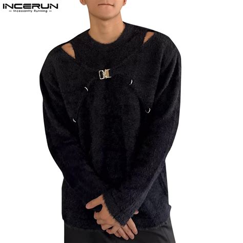 Incerun Mens Off Shoulder Deconstructed Design Plush Sweater Shopee Philippines