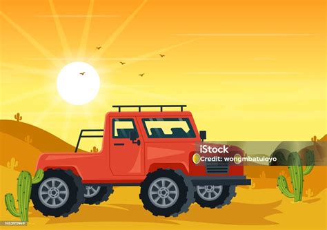 오프로드 자동차 또는 Suv가 평평한 익스트림 스포츠 만화 손으로 그린 템플릿에서 바위가 많은 지형 강 및 모래를 통과하는