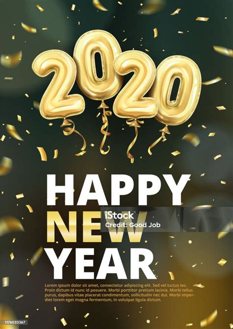 3d 현실적인 고립 벡터 수직 배너 숫자 이천 2020 당신의 디자인 크리스마스 광고를 장식하는 주석과 새해 풍선으로 배열 황금 젤 공 풍선에 대한 스톡 벡터 아트 및 기타