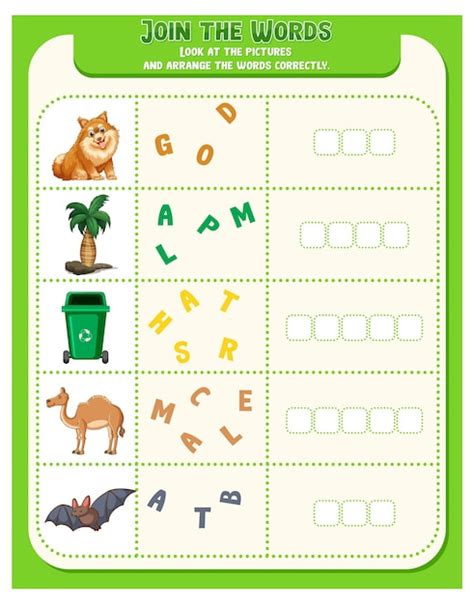 맞춤법 단어 게임 워크시트 템플릿 무료 벡터