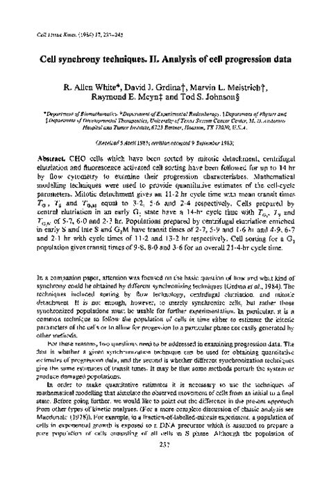 Pdf Cell Synchrony Techniques Ii Analysis Of Cell Progression Data