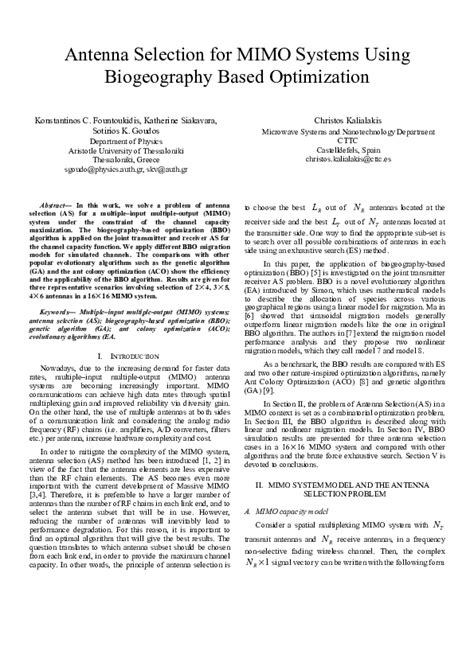 Pdf Antenna Selection For Mimo Systems Using Biogeography Based Optimization
