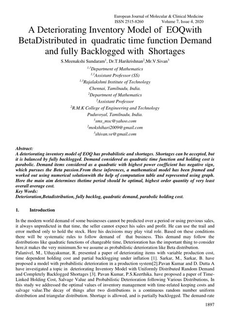 Pdf A Deteriorating Inventory Model Of Eoqwith Betadistributed In Quadratic Time Function