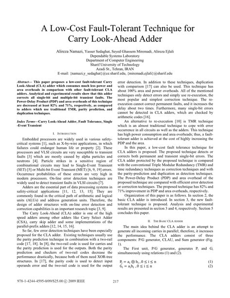 PDF A Low Cost Fault Tolerant Technique For Carry Look Ahead Adder