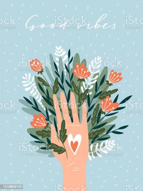 여자 손 꽃 마음과 레터링파란색 배경에 고립 된 좋은 느낌 귀여운 영감 카드입니다 벡터 일러스트 레이 션은 손에 스타일을 그려 Good Vibes에 대한 스톡 벡터 아트 및