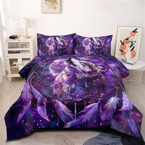 Ccoutuechen Moon Wolf Dream Catcher Comforter Set Full Size Galaxy