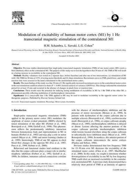 Pdf Modulation Of Excitability Of Human Motor Cortex M1 By 1 Hz