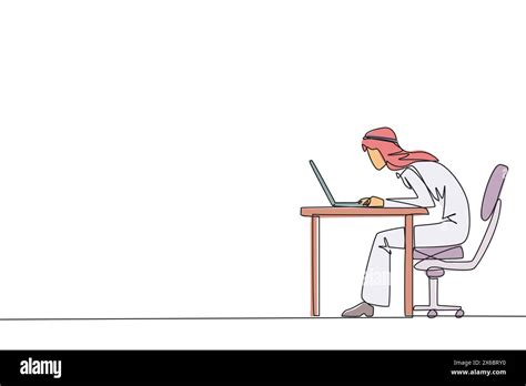 Single Continuous Line Drawing Arabian Businessman Sitting And Typing