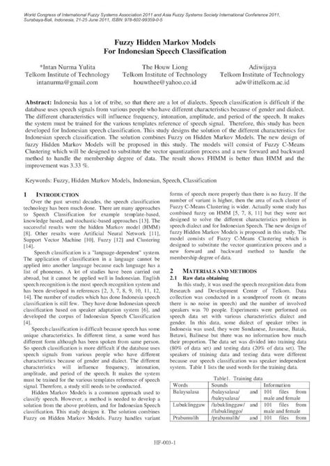 Pdf Ifsa 2011 Fuzzy Hidden Markov Models For Indonesian Speech Classification 1 Dokumentips