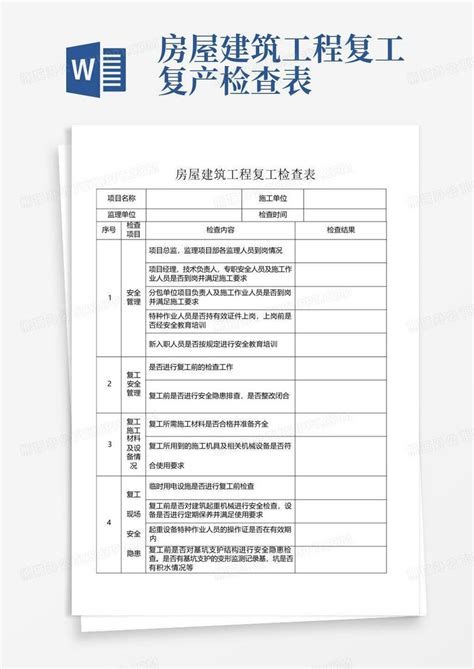 房屋建筑工程复工复产检查表 Word模板下载 编号qrkpwkrb 熊猫办公