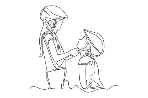 헬멧 자전거를 사용하는 한 줄 그리기 행복한 소년 세계 자전거의 날 개념 연속 선 그리기 디자인 그래픽 벡터 그림 프리미엄 벡터
