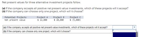 Solved Net Present Values For Three Alternative Investment