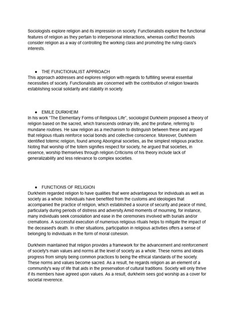 Durkheims Functionalist View On Religion Pdf Émile Durkheim